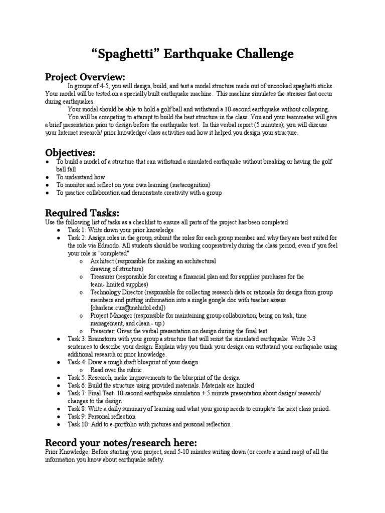 Spaghetti Earthquake Challenge 1 | PDF | Design | Learning