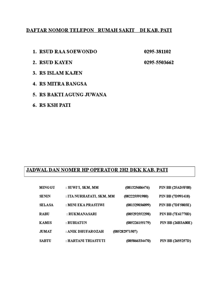 Jadwal Dan Nomer HP Operator 2h2 | PDF