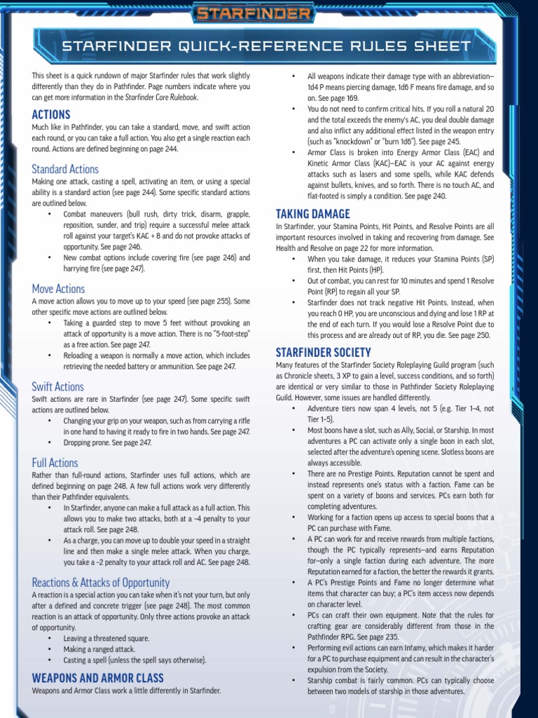 Starfinder Quick-Reference Rules Sheet | PDF | Personal Computers | Gaming