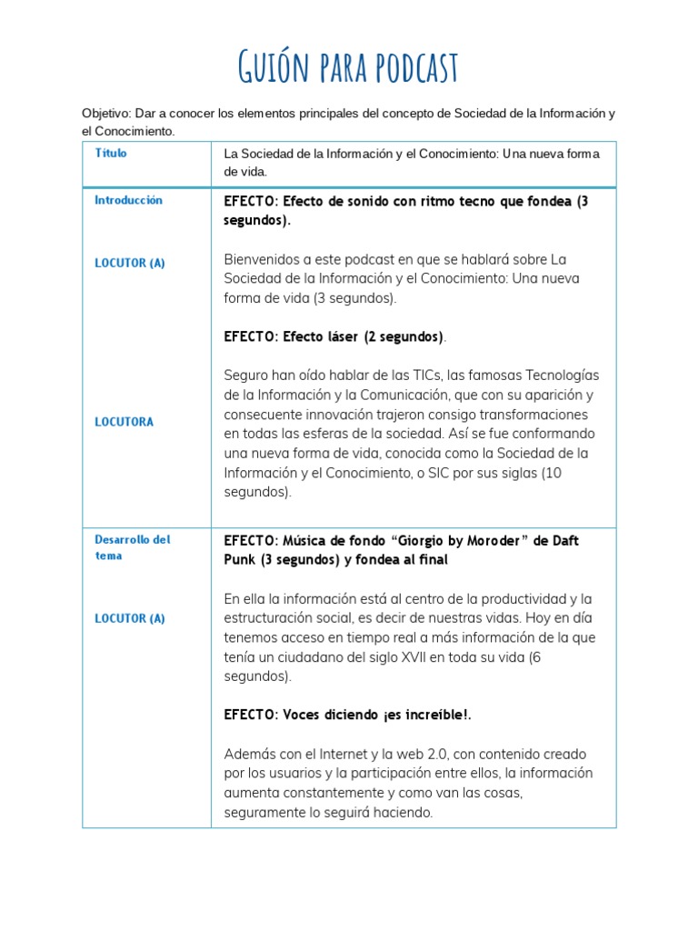 Guión para Podcast (Sociedad de La Información y El Conocimiento) | PDF | Tecnología de ...