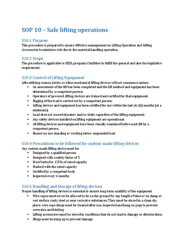 SOP 10 - Safe Lifting Operations PDF | Elevator | Crane (Machine)