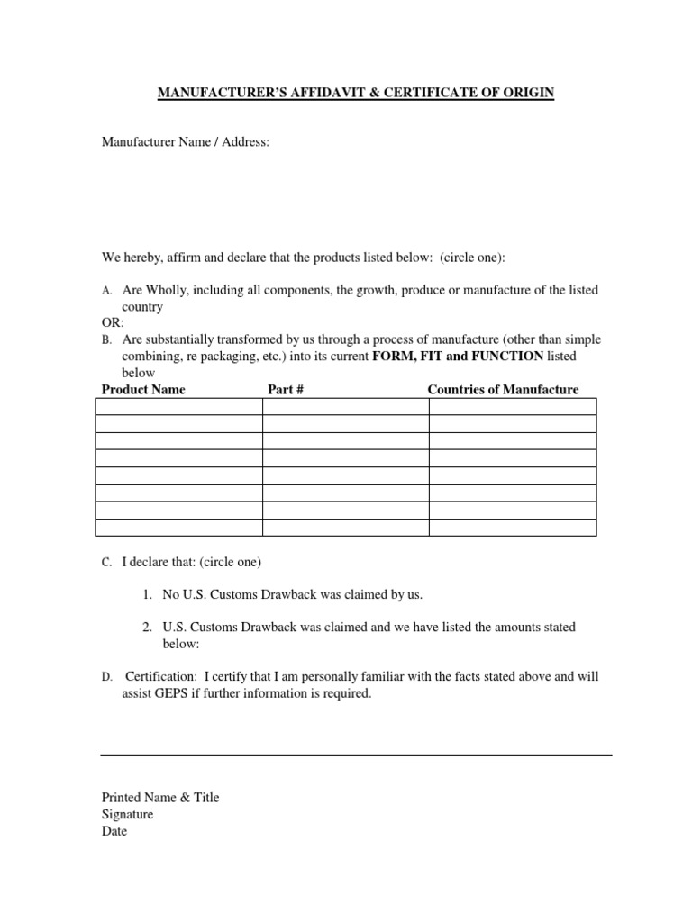 9801 Manufacturers Affidavit | PDF | Business