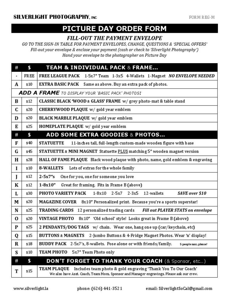 Picture Day Order Form: Fill - Out The Payment Envelope | PDF | Leisure