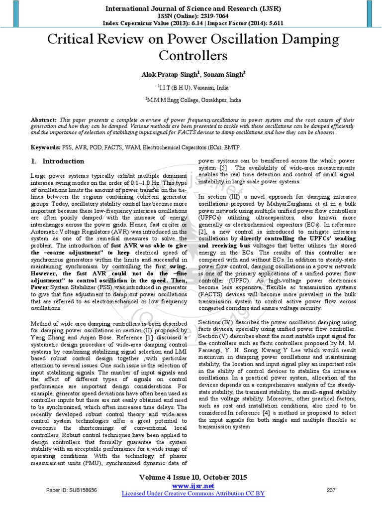 Critical Review On Power Oscillation Damping Controllers | PDF | Control Theory | Capacitor