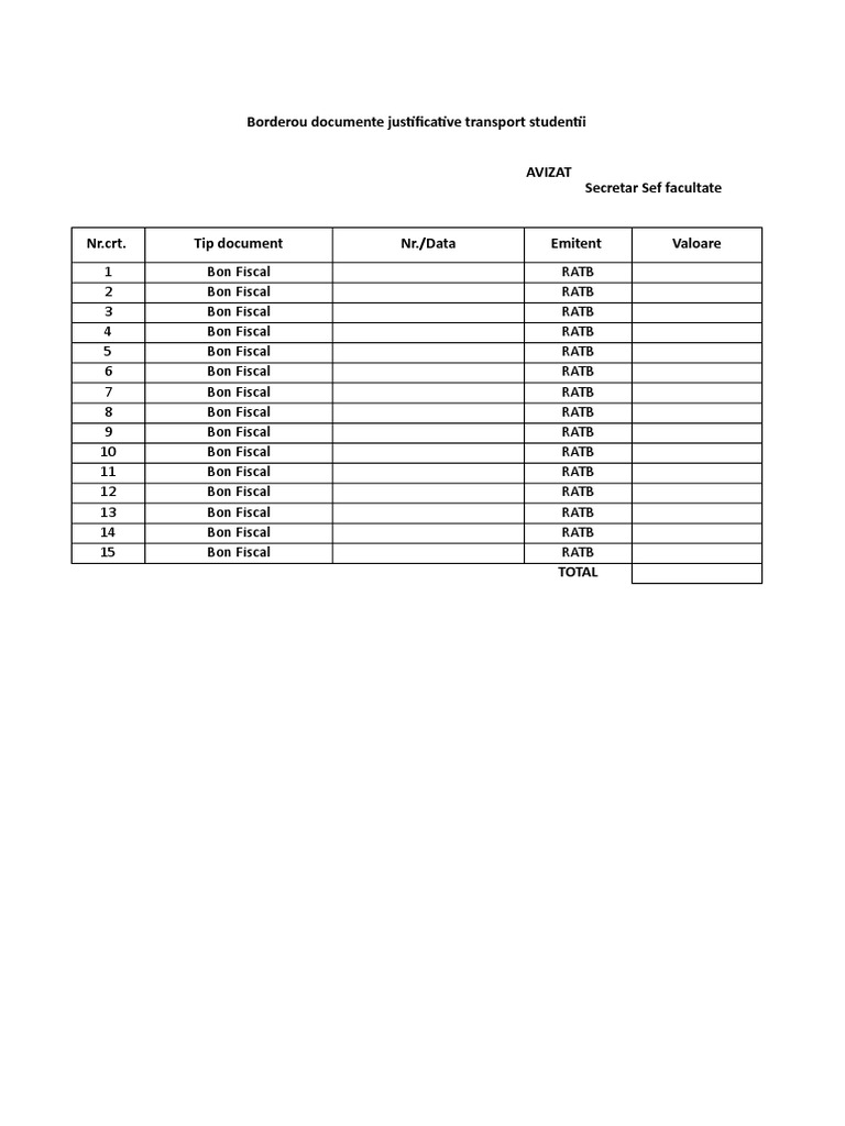 Borderou Documente Justificative Transport Studentii Avizat Secretar Sef Facultate | PDF
