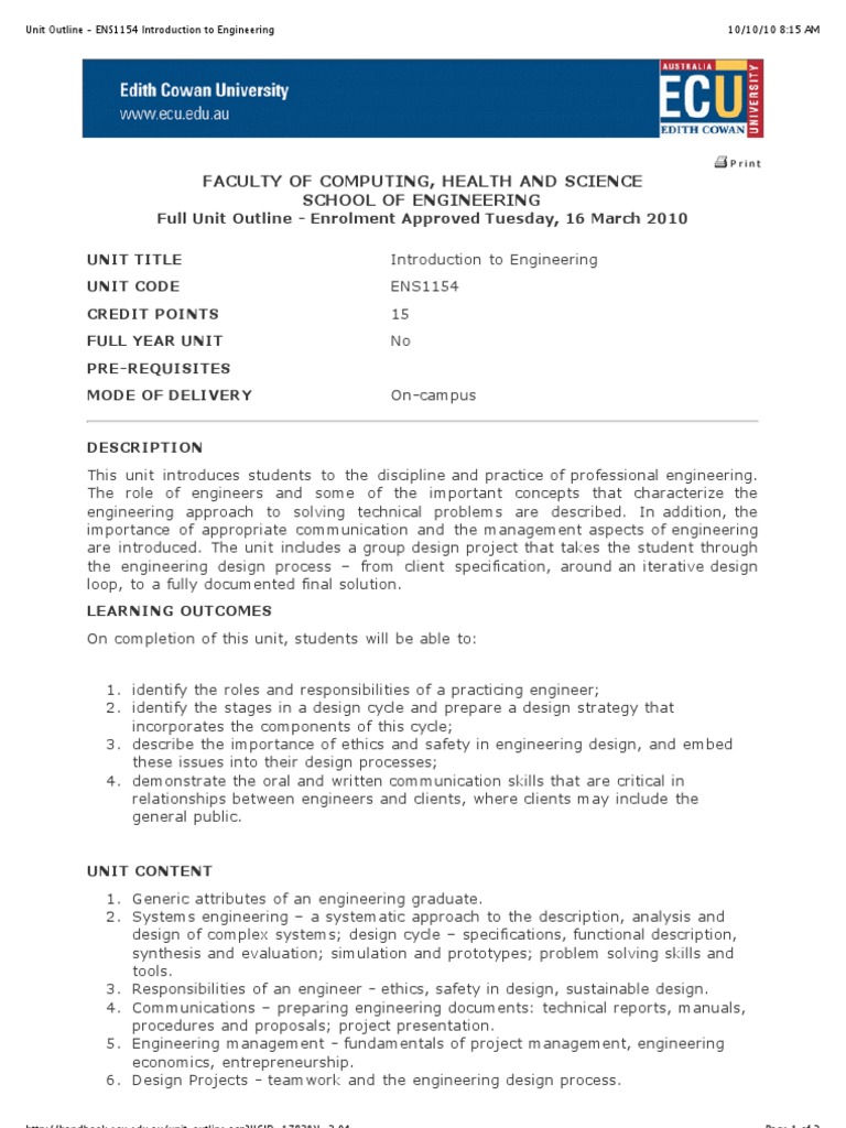 Unit Outline - EnS1154 Introduction to Engineering | Engineering Design ...