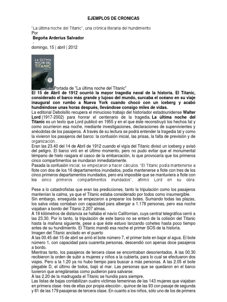 Ejemplos de Cronicas | Rms Titanic | Transporte