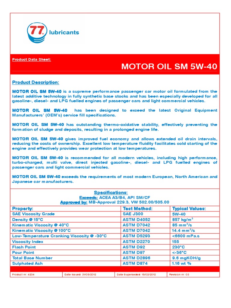 Motor Oil SM 5W-40: Product Data Sheet | PDF | Motor Oil | Liquids