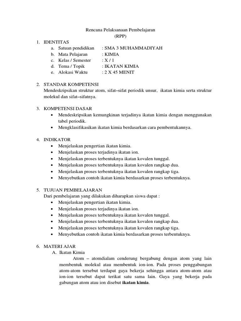 RPP Ikatan Kimia-NHT (Kelas X-1) | PDF