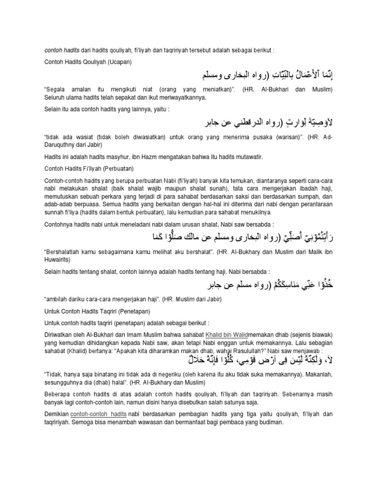 Contoh Hadits Taqririyah dan Penjelasannya | PDF
