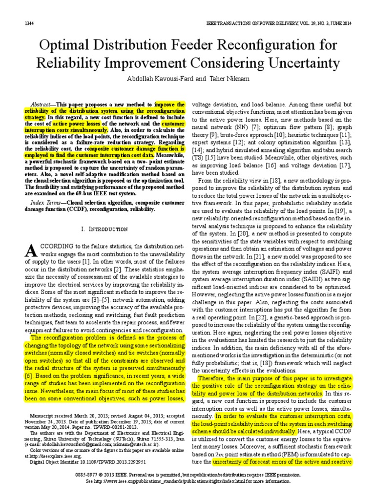 Optimal Distribution Feeder Reconfiguration For Reliability Improvement ...