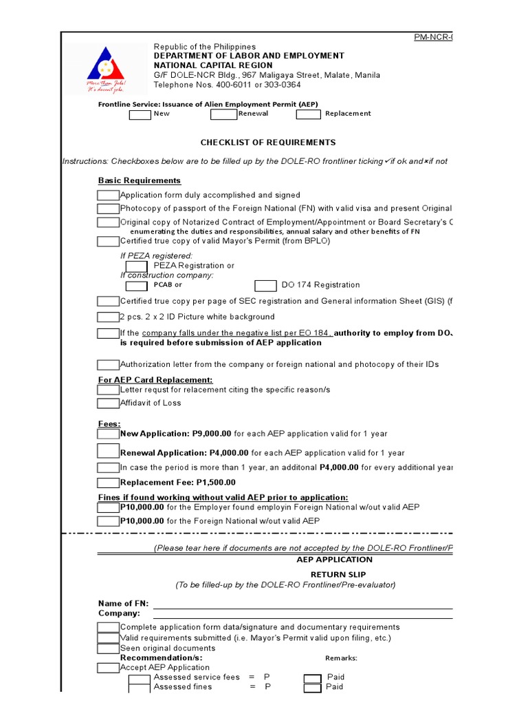 Alien Employment Permit Requirements Checklist | PDF | Official ...