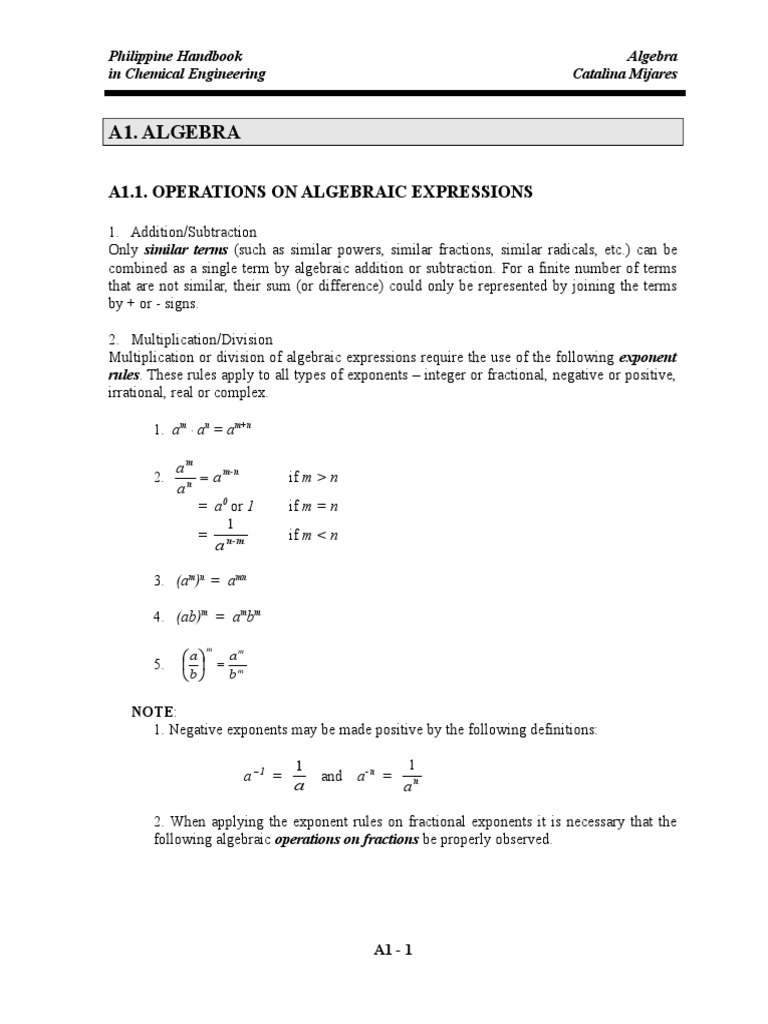 A1. Algebra: A1.1. Operations On Algebraic Expressions | PDF ...