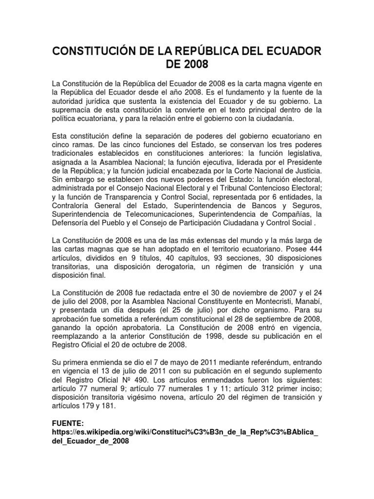Constitución de La República Del Ecuador de 2008 | PDF | Constitución ...
