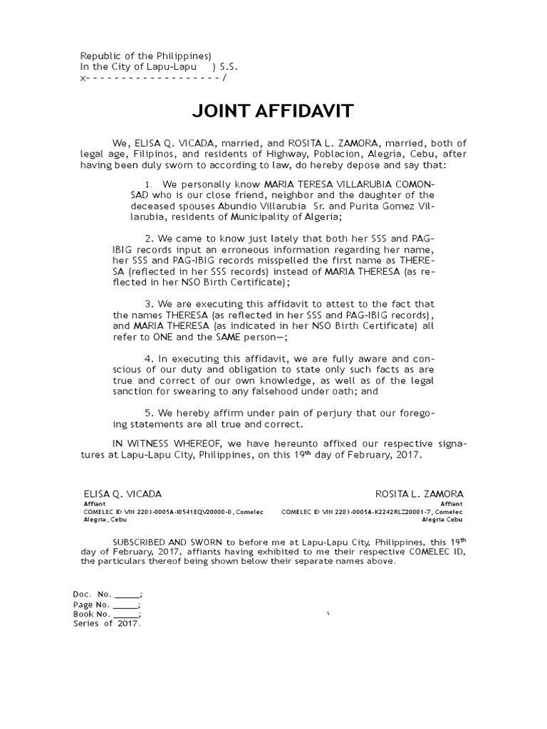 Sample Joint Affidavit | PDF | Affidavit | Document