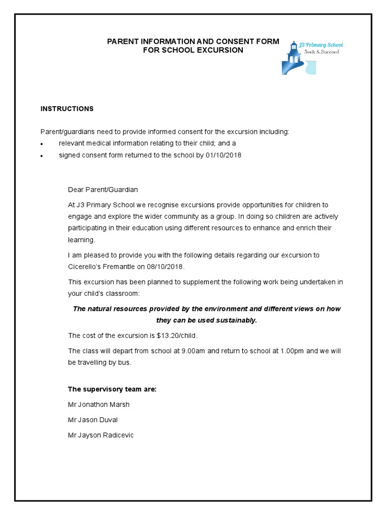 Excursion Consent Form for Parents | PDF | Teachers | Risk