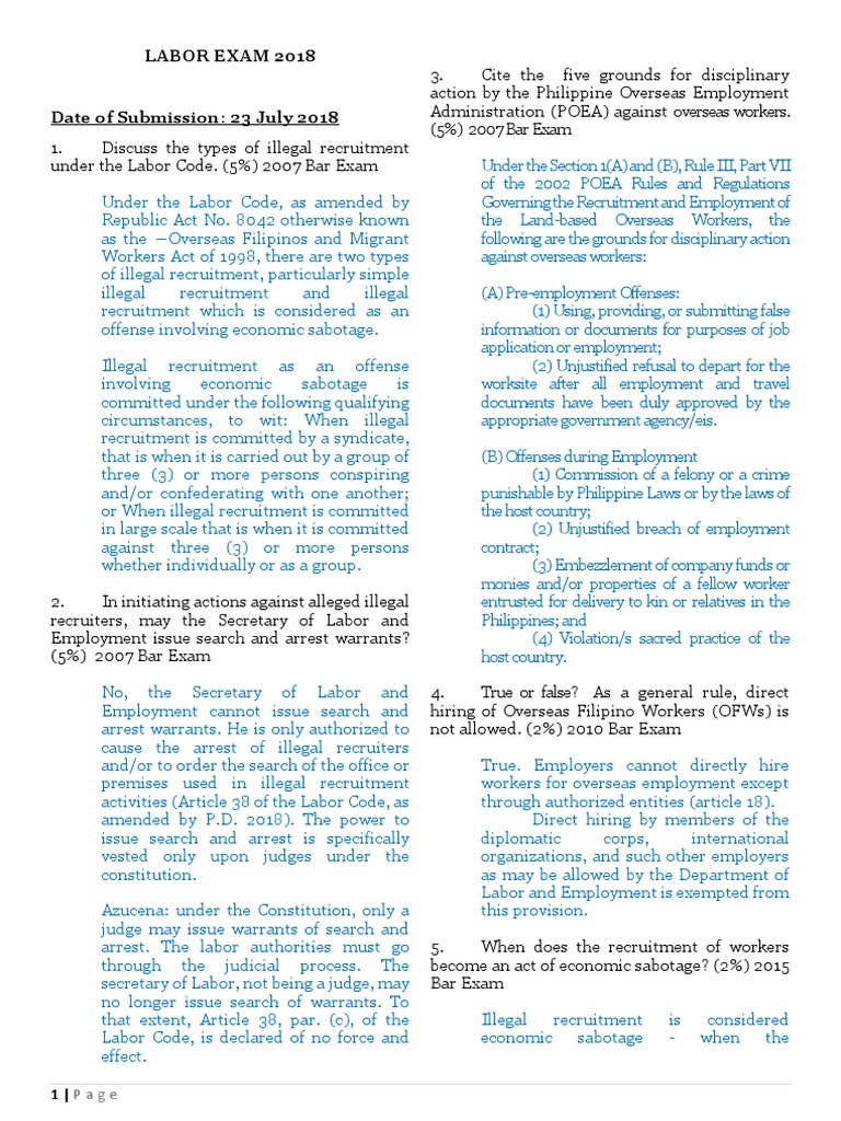Labor Exam 2018 | PDF | Migrant Worker | Employment
