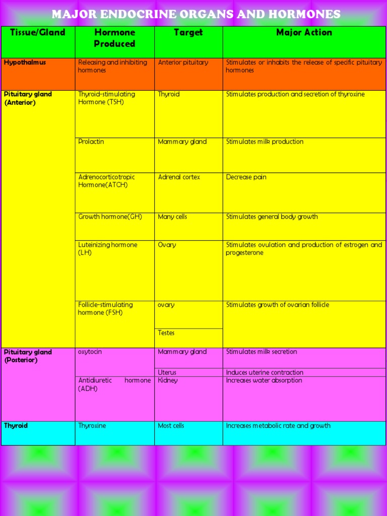 Tissue/Gland Hormone Produced Target Major Action: Hypothalmus ...
