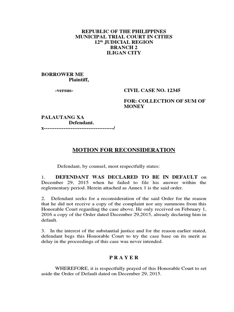 Motion For Reconsideration | PDF | Lawsuit | Common Law