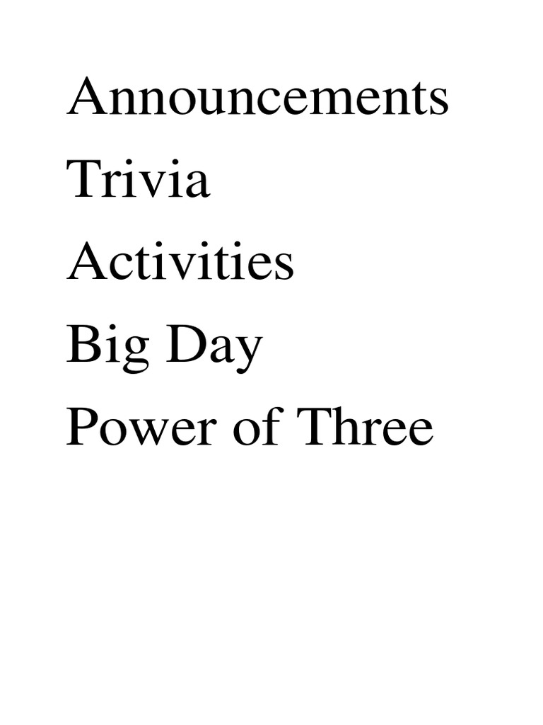 Announcements Trivia Activities Big Day Power of Three | PDF