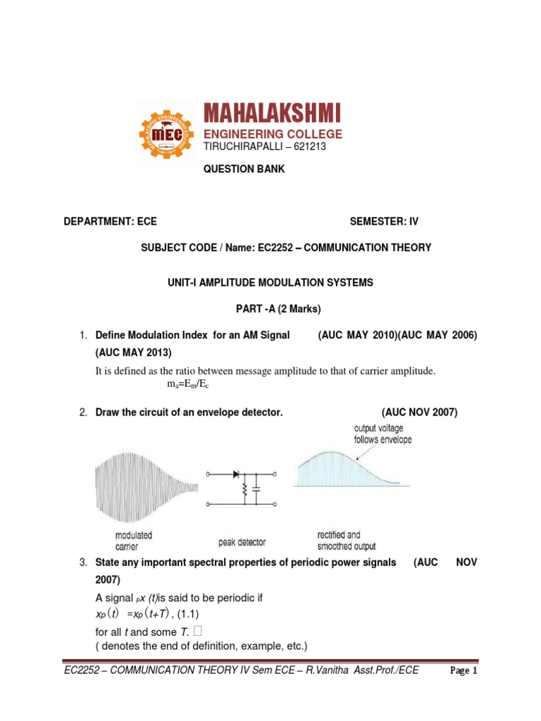 ECE Communication Theory Question Bank | PDF | Frequency Modulation | Modulation