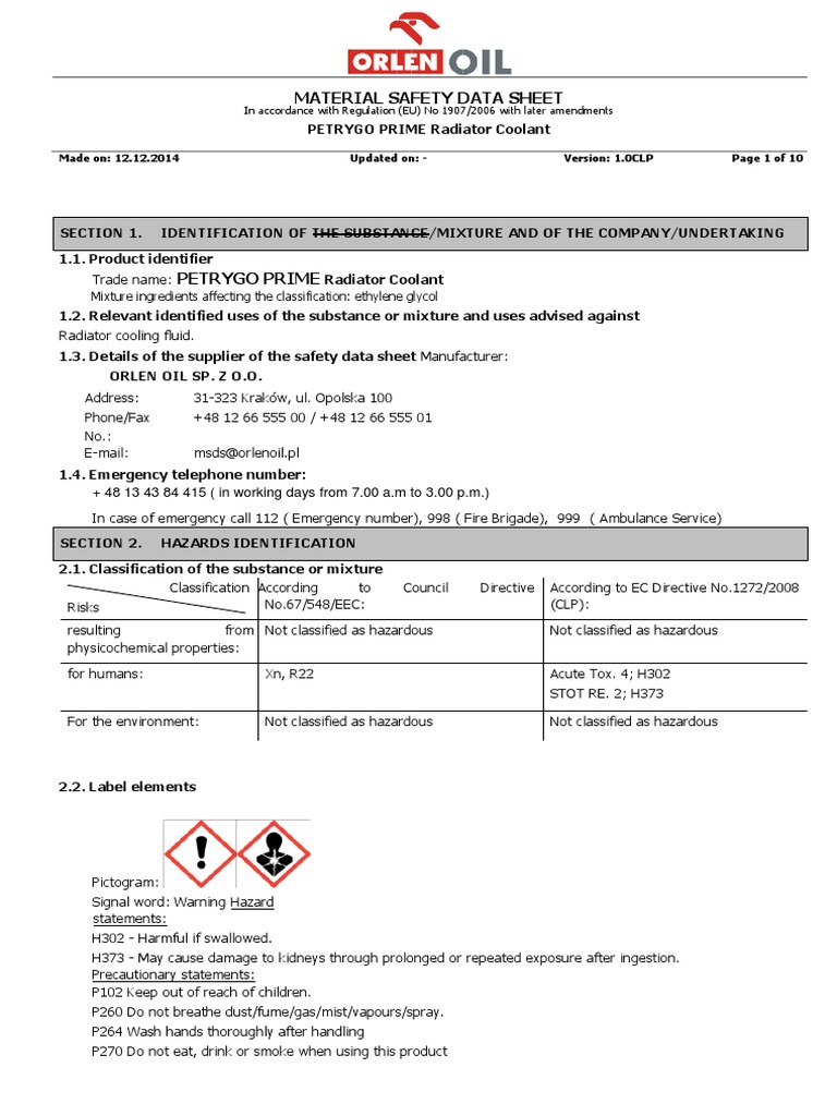 MSDS Radiator Coolant | PDF | Dangerous Goods | Toxicity