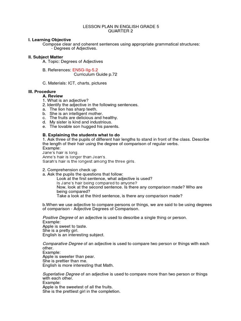 Lesson Plan in English5-Degrees of Adjectives | PDF | Lesson Plan ...