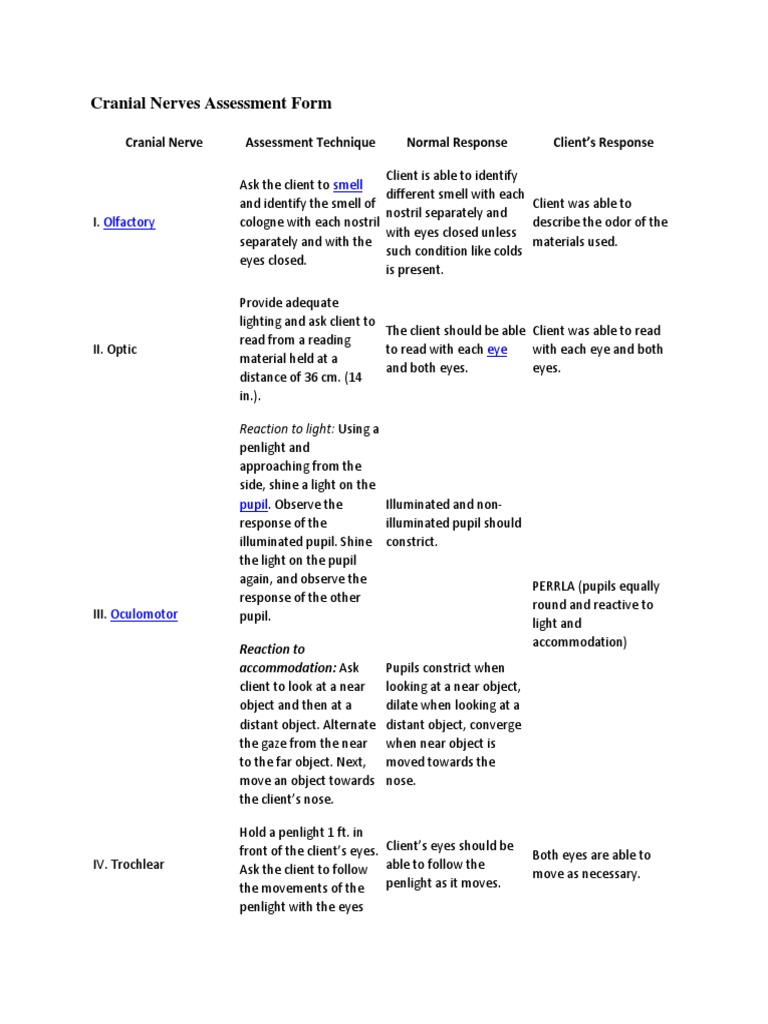 Cranial Nerves Assessment Form: Cranial Nerve Assessment Technique ...