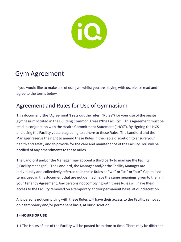 Gym Agreement: Agreement and Rules For Use of Gymnasium | PDF ...