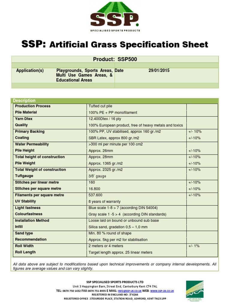 SSP: Artificial Grass Specification Sheet | PDF | Materials | Nature