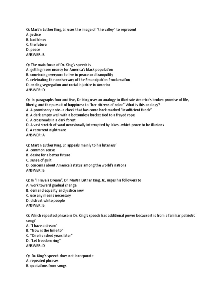 I Have A Dream Multiple Choice Questions | PDF | Martin Luther King Jr.