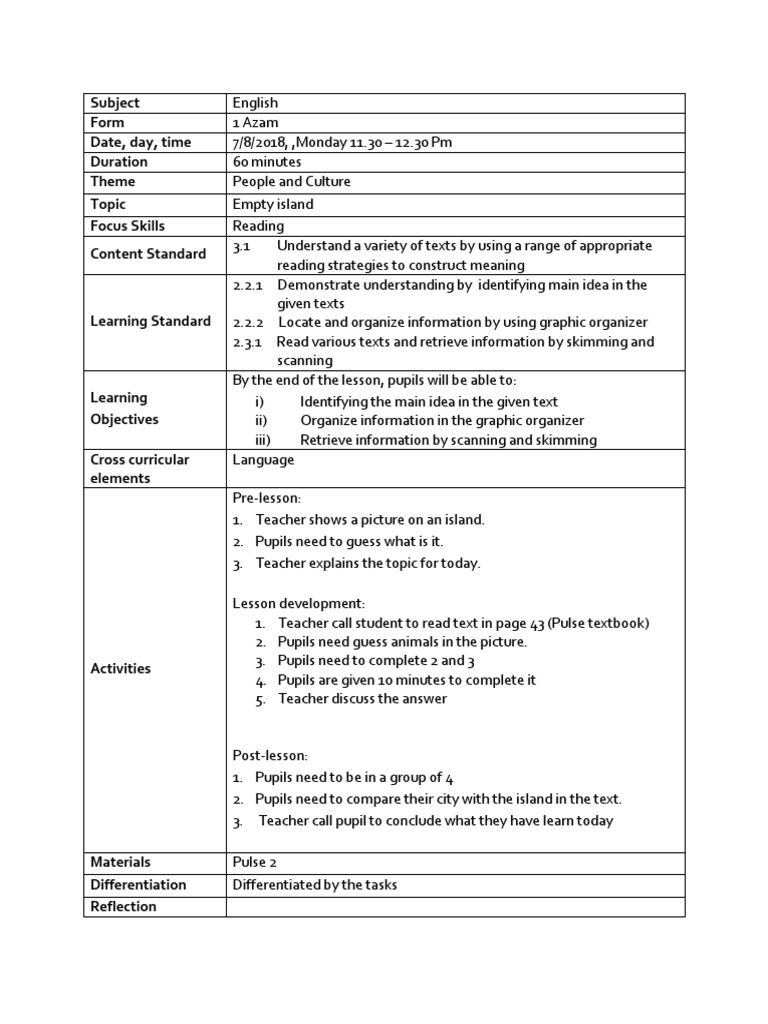 Subject Form Date, Day, Time Duration Theme Topic Focus Skills Content ...