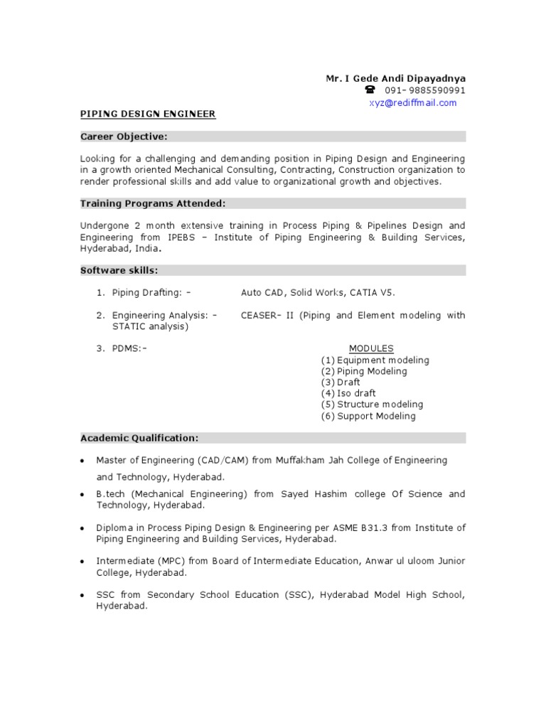Sample Piping Design Engineer Resume | PDF | Pipe (Fluid Conveyance ...