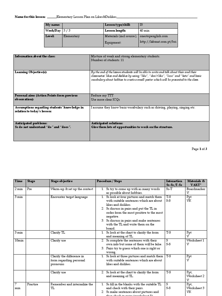 Likes-Dislikes Lesson Plan | PDF | Lesson Plan | Neuropsychology