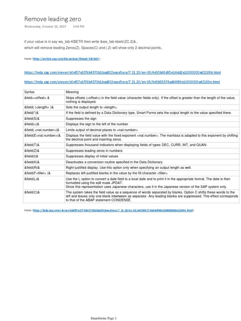 Remove Leading Zero ABAP SAP | PDF | C (Programming Language ... Remove Leading Zero ABAP SAP | PDF | C (Programming Language ...