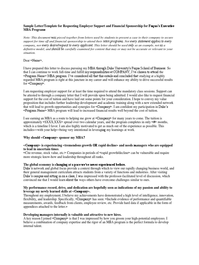 Sample Letter Requesting Employer Support | PDF | Master Of Business ...