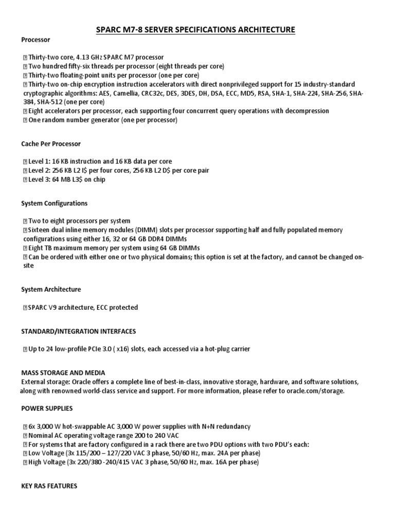 Sparc M7-8 Server Specifications Architecture | PDF | Usb | Central Processing Unit