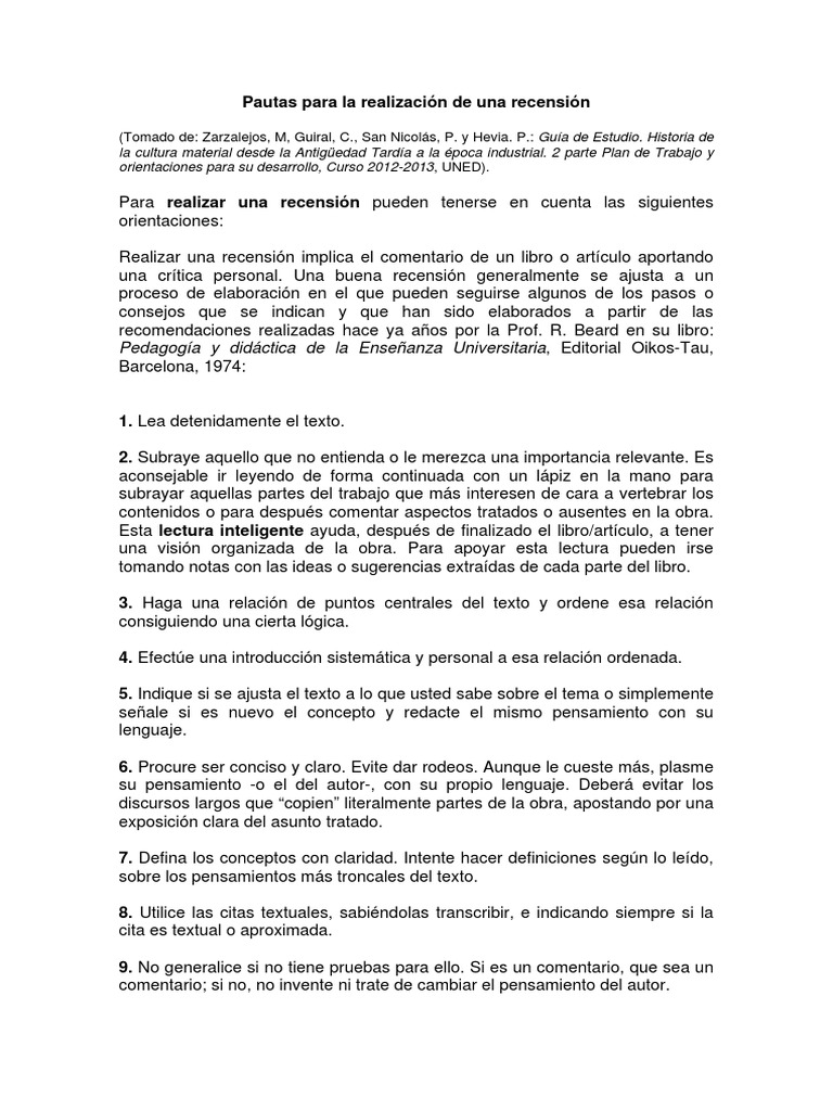 Pautas para La Realización de Una Recensión 2018-2019 | PDF | Lectura ...