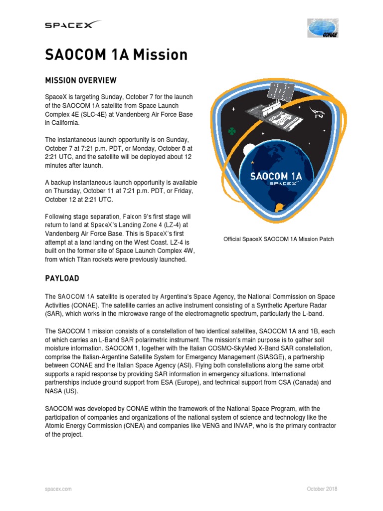 Saocom 1 A | PDF | Falcon 9 | Space X