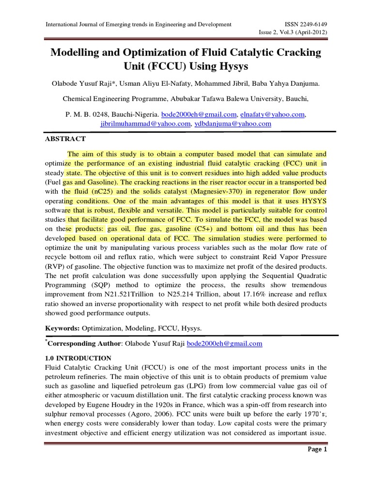 Modelling and Optimization of Fluid Catalytic Cracking Unit (FCCU) Using Hysys | Download Free ...