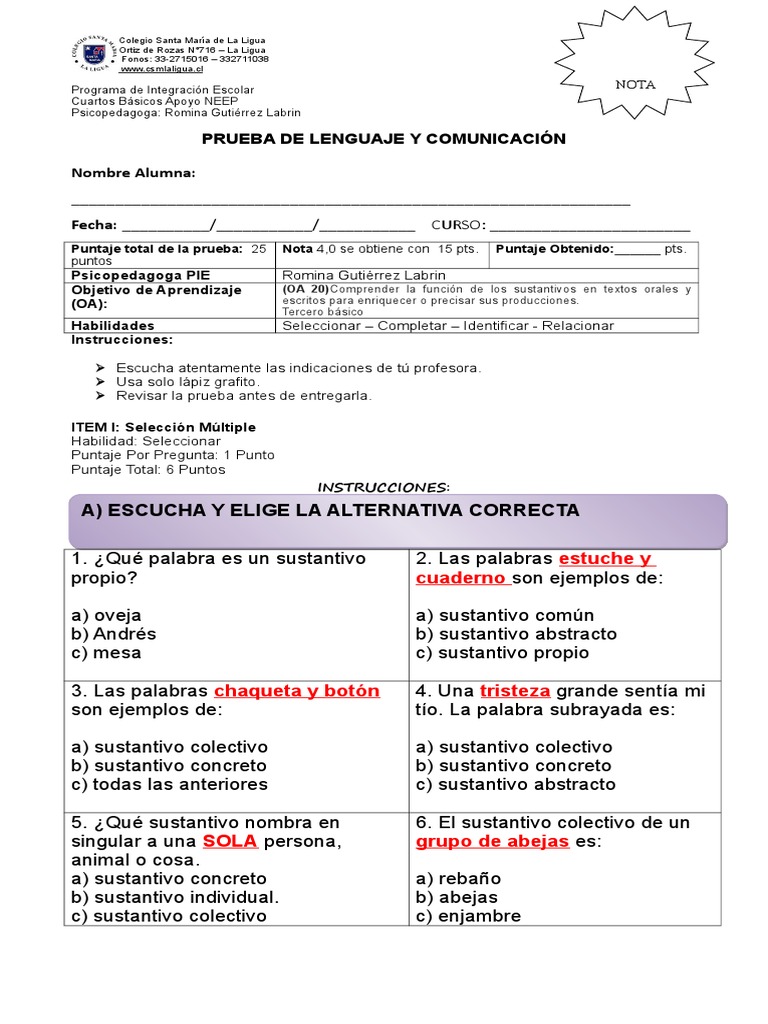 Prueba de Lenguaje: Sustantivos 4° Básico | PDF | Sustantivo | Ciencia ...