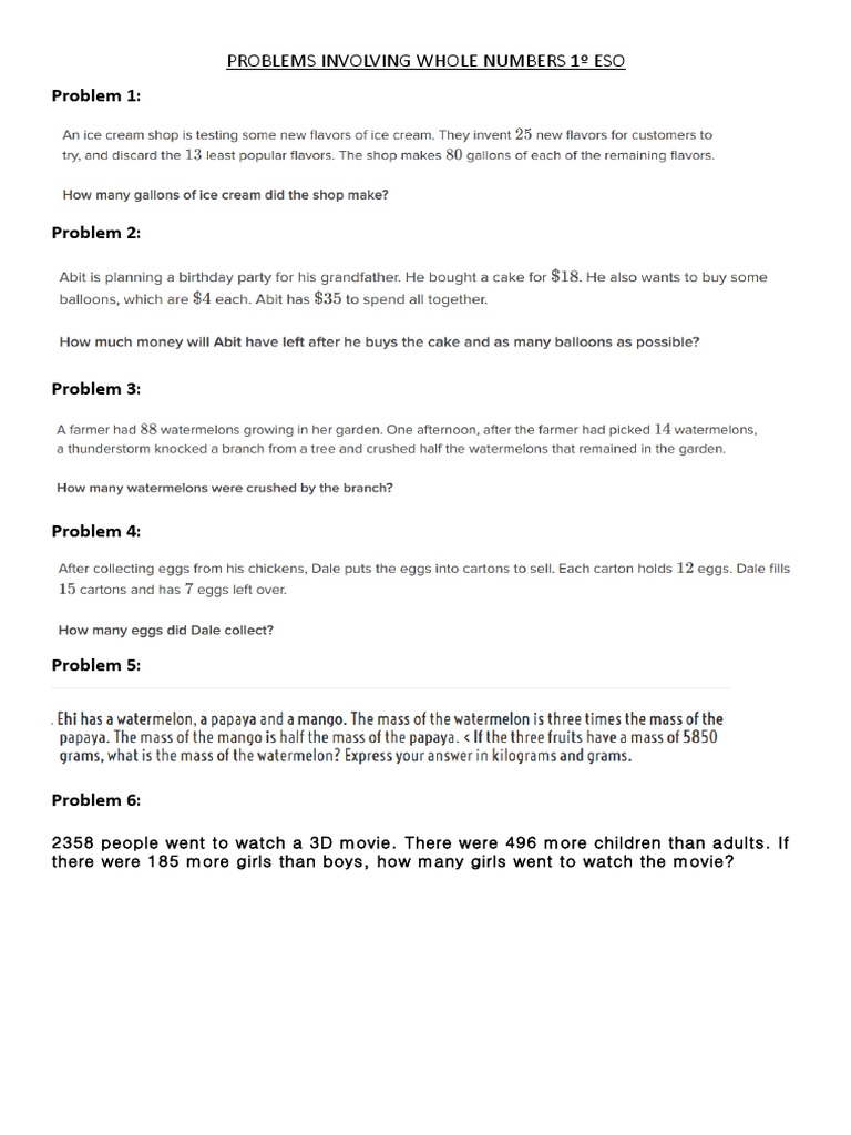 Problems Involving Whole Numbers 1º Eso | PDF