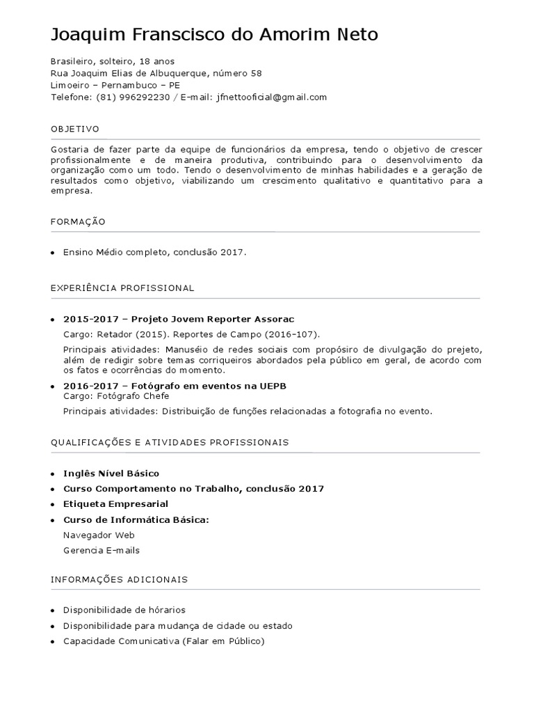 Modelo de Curriculum Preenchido | PDF
