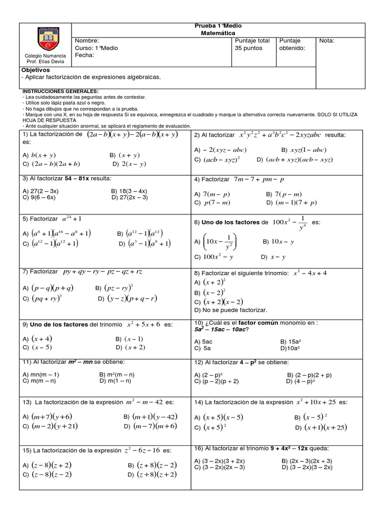 Prueba de Matemtica 1 Medio FACTORIZACION | PDF | Aritmética | Álgebra