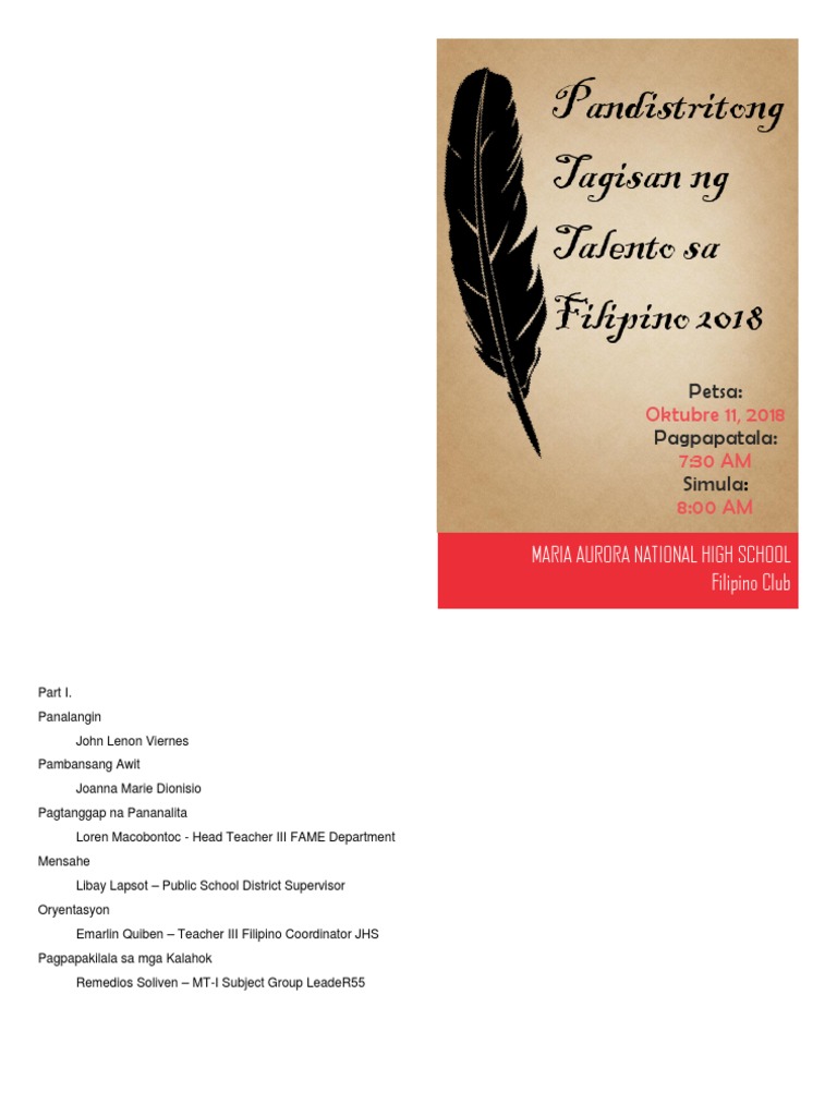 Pandistritong Tagisan NG Talento Sa Filipino 2018: Petsa: Pagpapatala ...