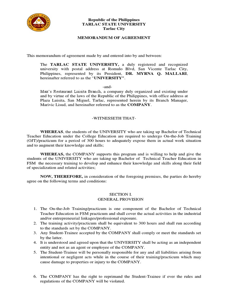 Memorandum of Agreement For OJT | PDF | Social Institutions | Social ...