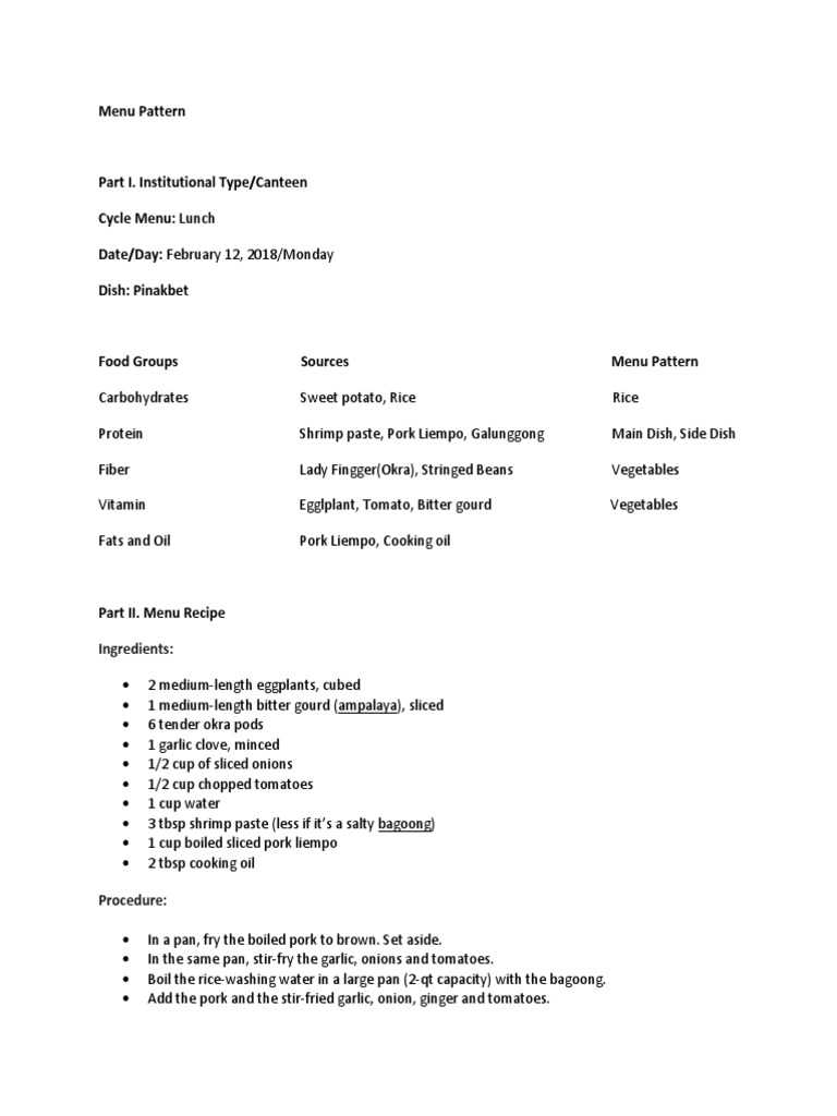 Menu Pattern - Filipino Pinakbet | PDF | Vegetables | Vegan Cuisine