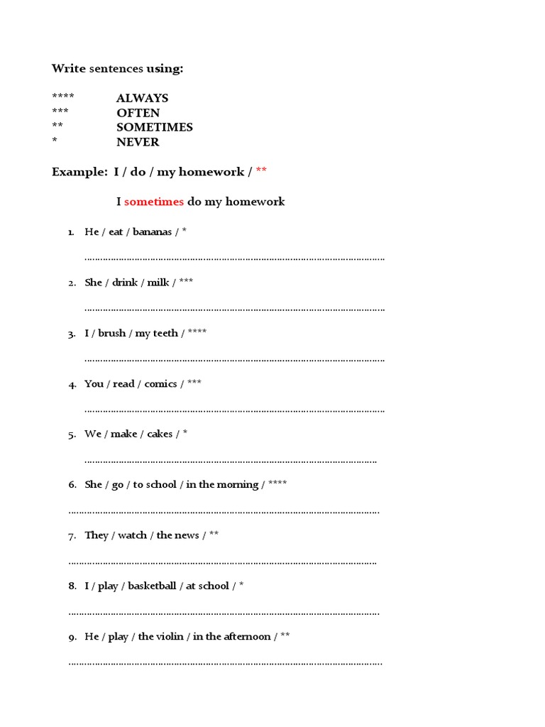 Write Sentences Using: Always Often Sometimes Never Example: I / Do ...