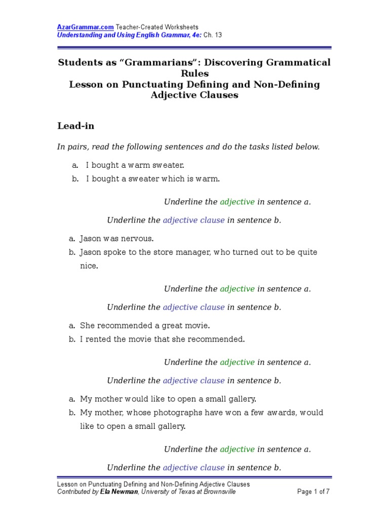 Punctuating Adjective Clauses Worksheet | PDF | Comma | English Grammar