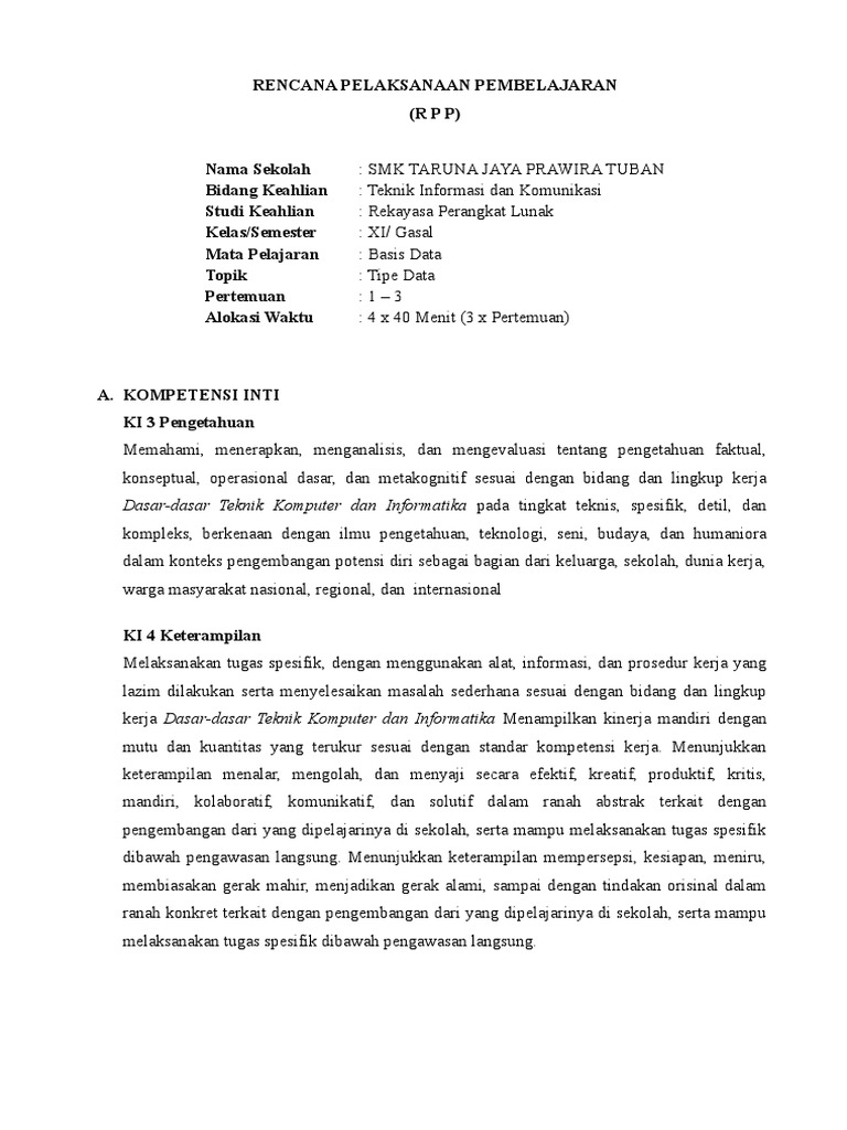 RPP Tipe Data Basis Data SMK RPL XI | PDF | Karier & Perkembangan | Seni